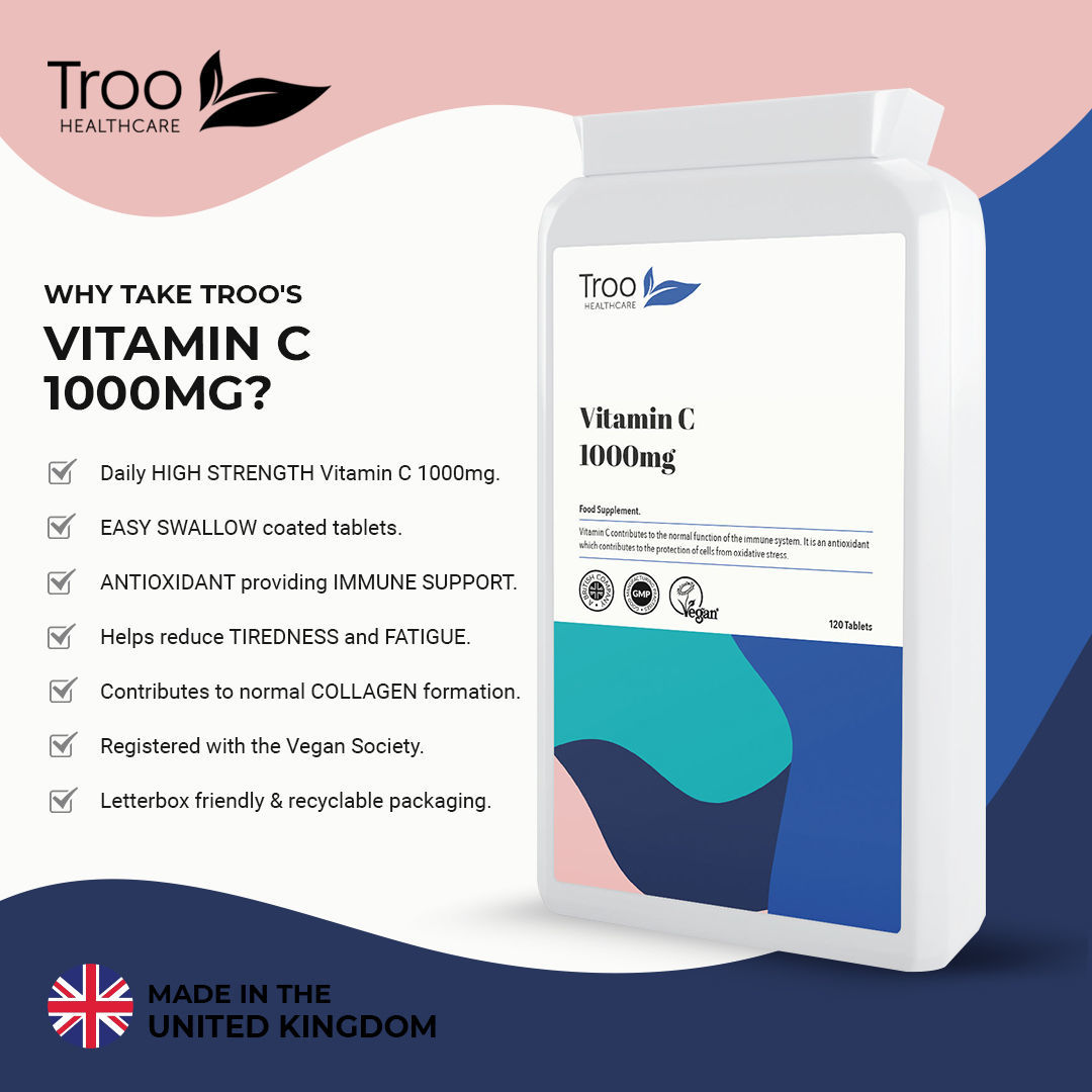 Vitamin C 1000mg 120 Coated Tablets Suitable for Vegans - Troo Health ...