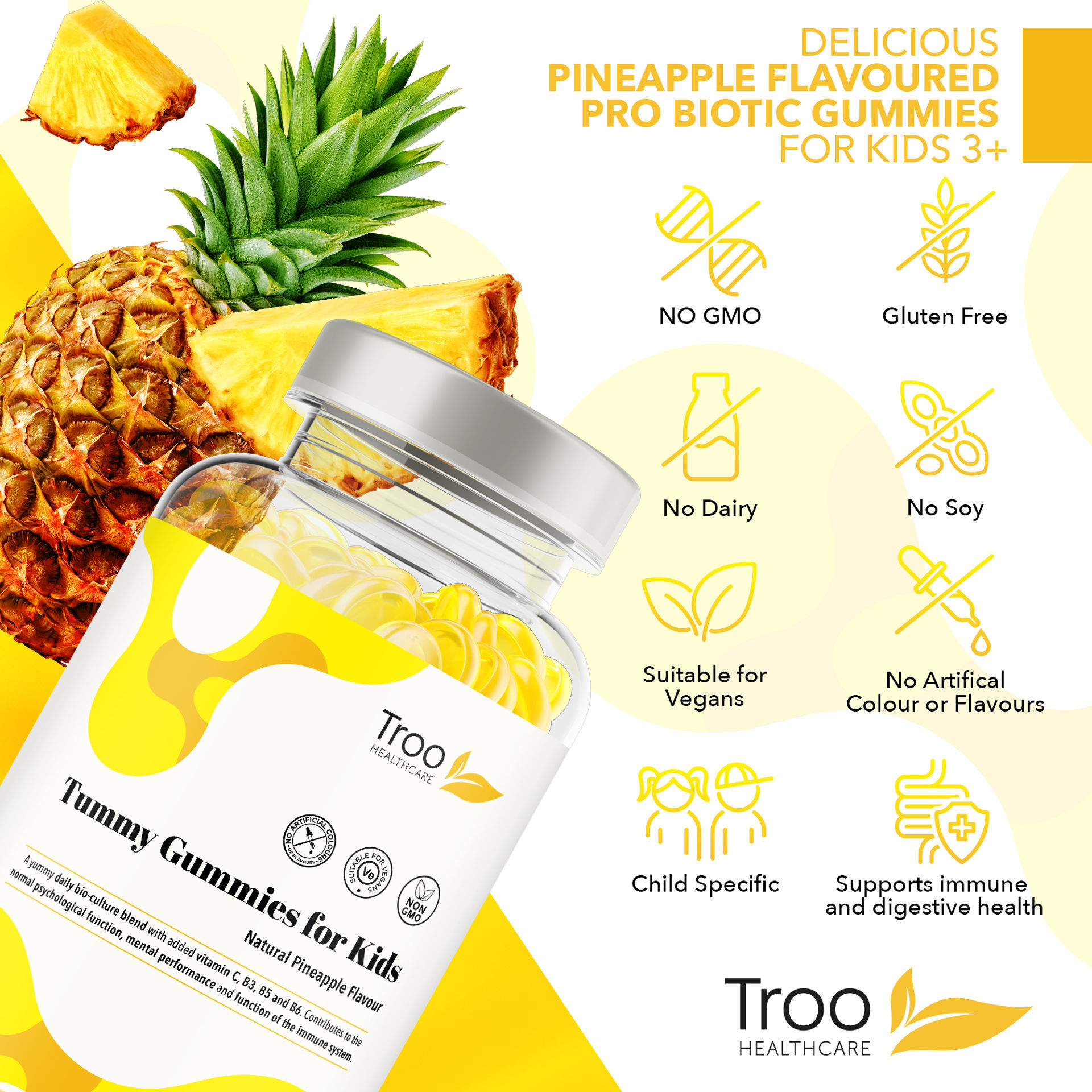 Probiotics for Kids & Adults - 150 Pineapple Flavour Gummies - Troo ...