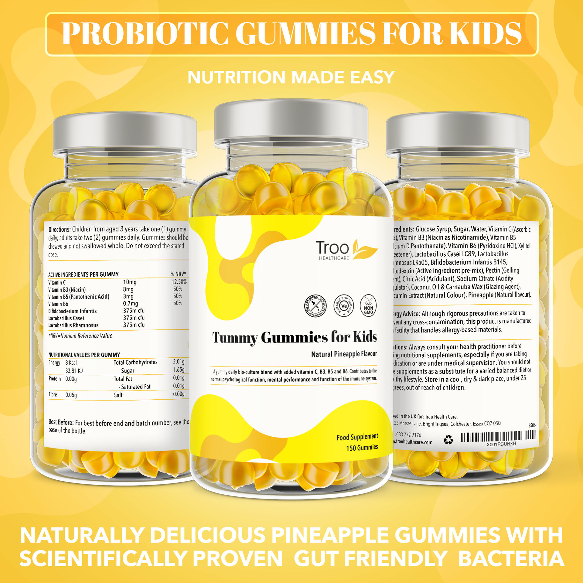 Probiotics for Kids & Adults - 150 Pineapple Flavour Gummies - Troo ...