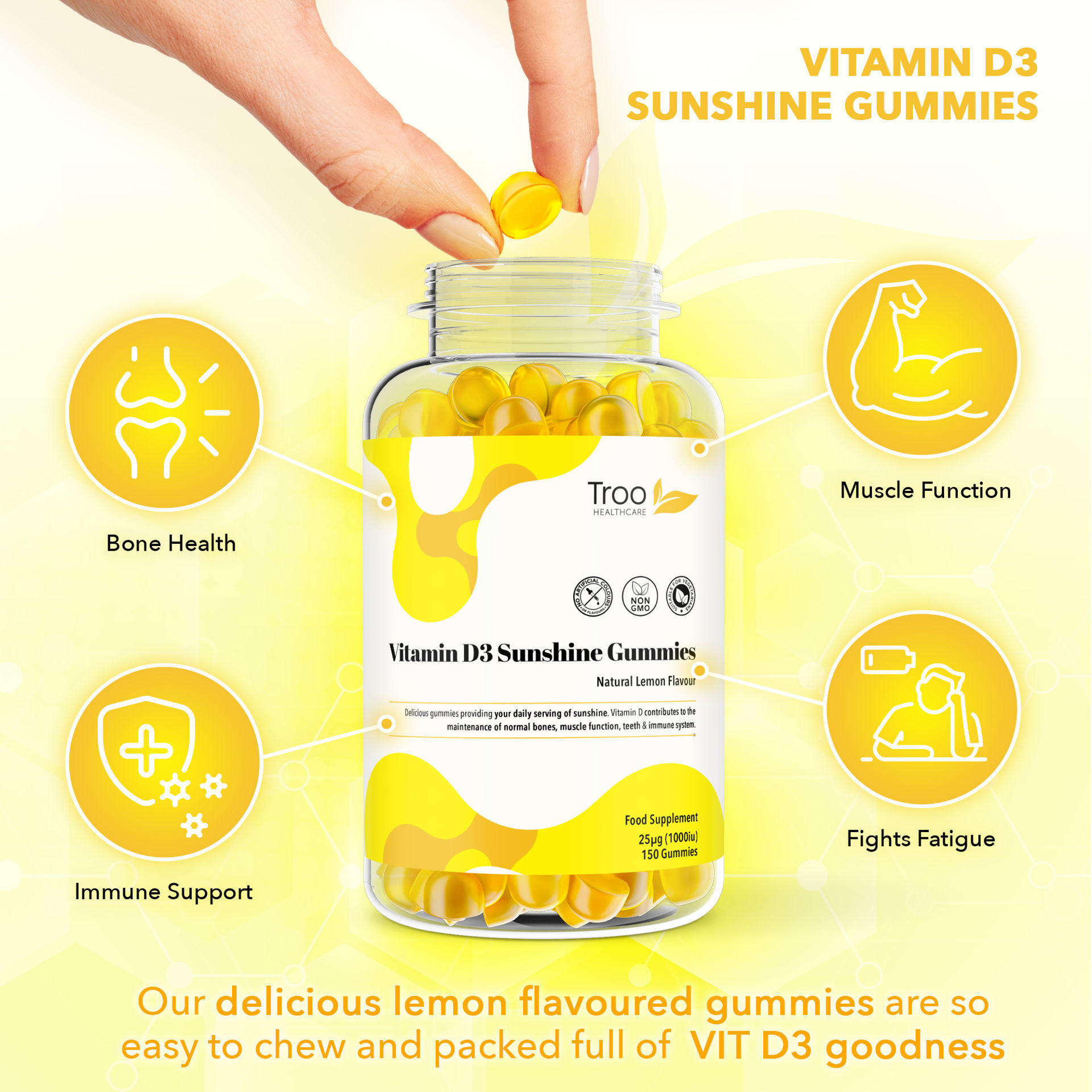 Vitamin D3 1000iu - 150 Lemon Flavour Gummies for Adults & Teens ...