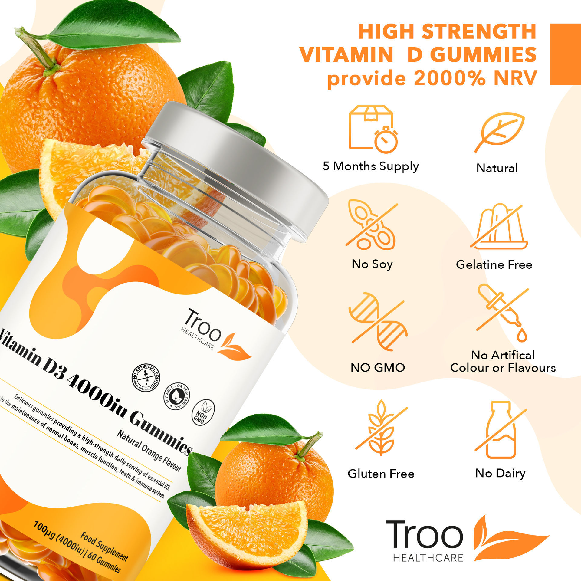 Vitamin D3 4000iu - 60 High Strength Orange Flavour Gummies - Troo ...
