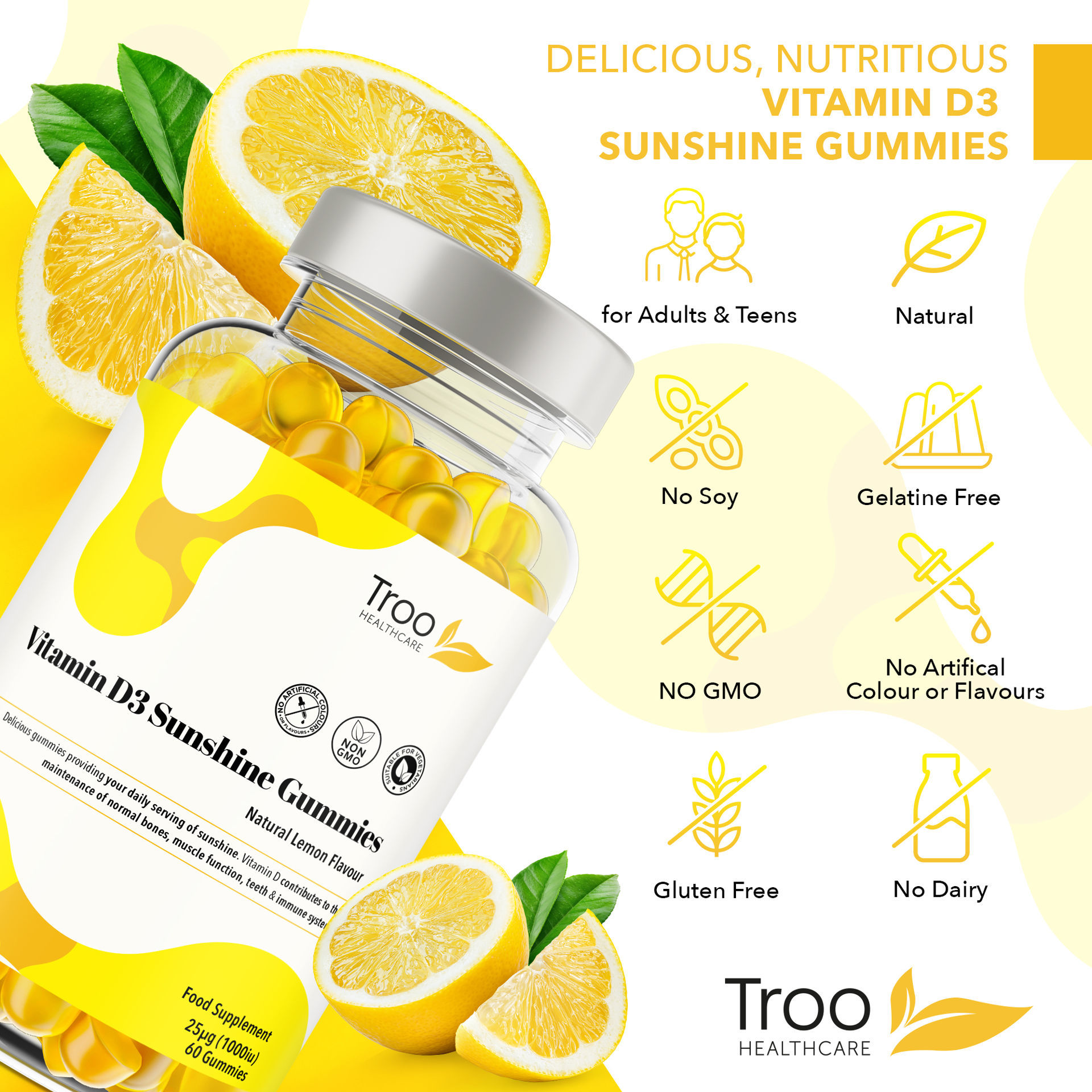 Vitamin D3 1000iu - 150 Lemon Flavour Gummies for Adults & Teens - Troo ...