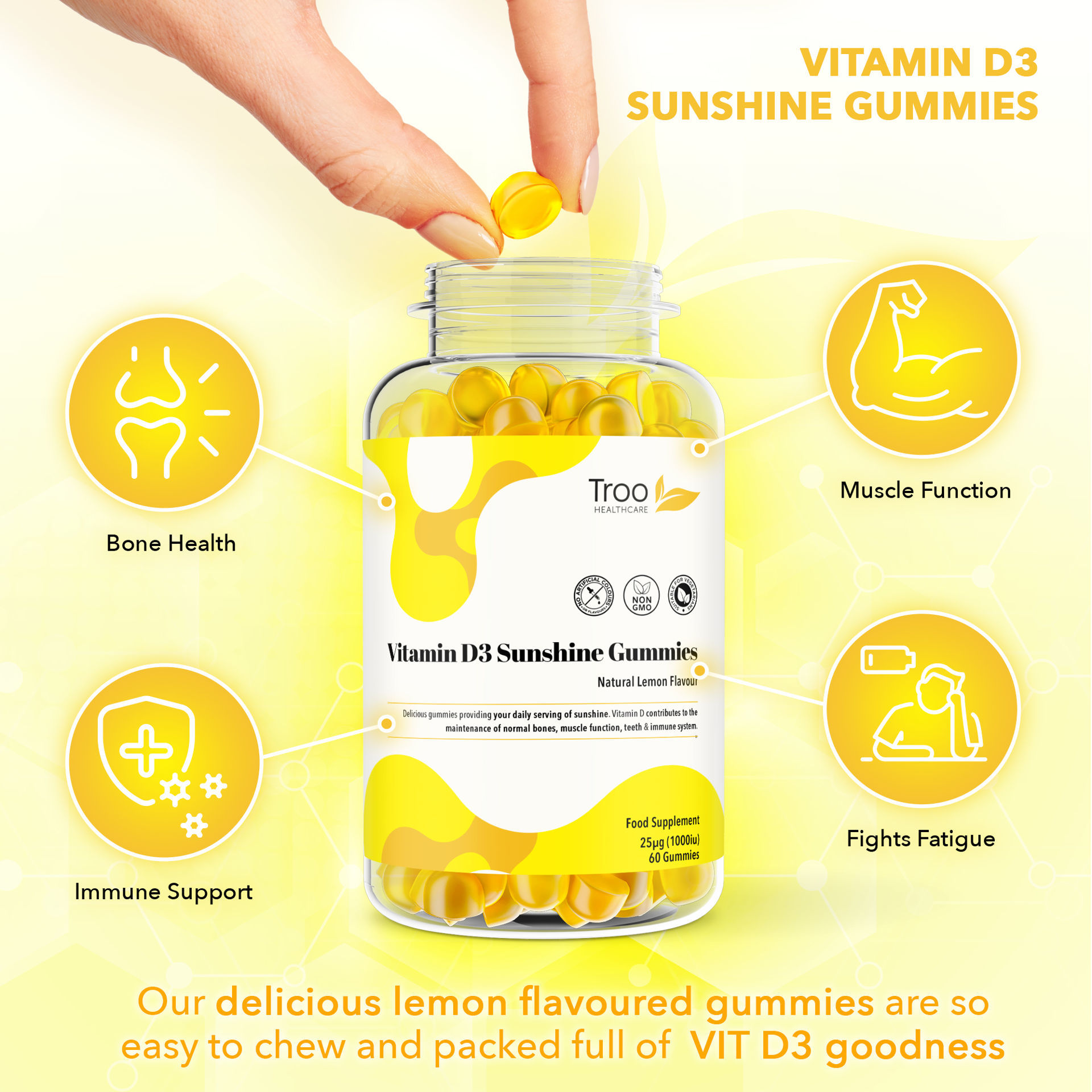 Vitamin D3 1000iu - 60 Lemon Flavour Gummies for Adults & Teens ...